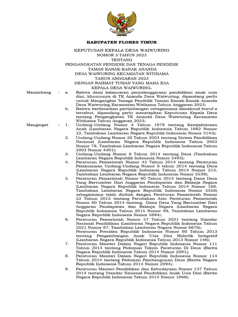 3. SK PENGANGKATAN GURU TK-PAUD DESA | PDF