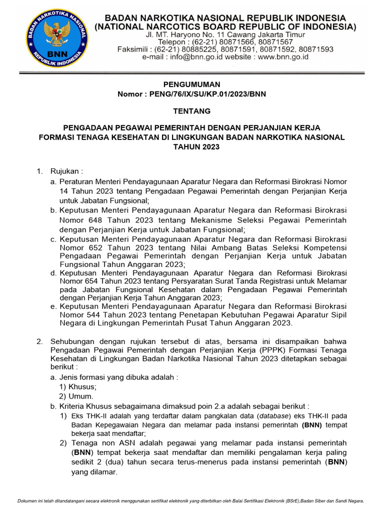Pengumuman-Pengadaan P3K 2023 BNN | PDF