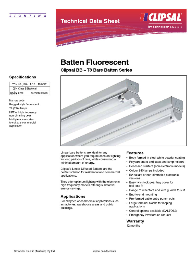 Batten Fluorescent: Technical Data Sheet | PDF | Fluorescent Lamp | Lighting