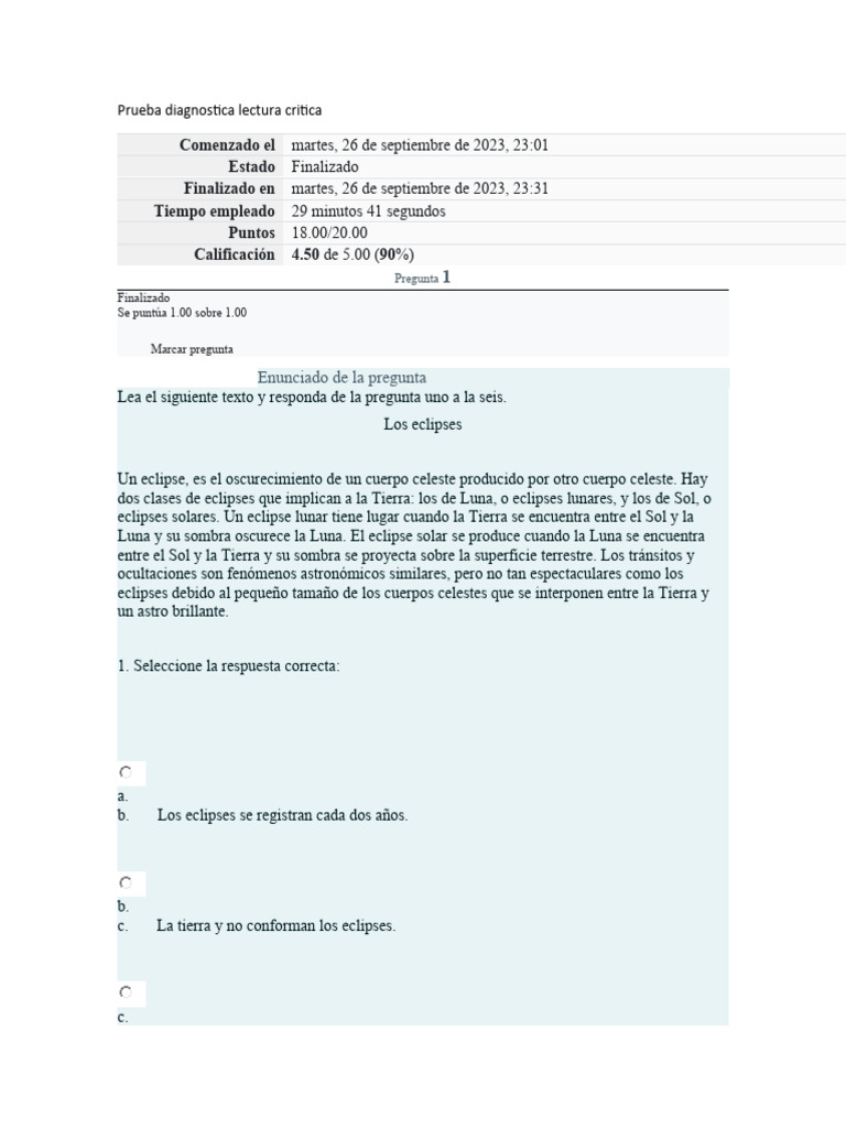 Prueba Diagnostica Lectura Critica | PDF