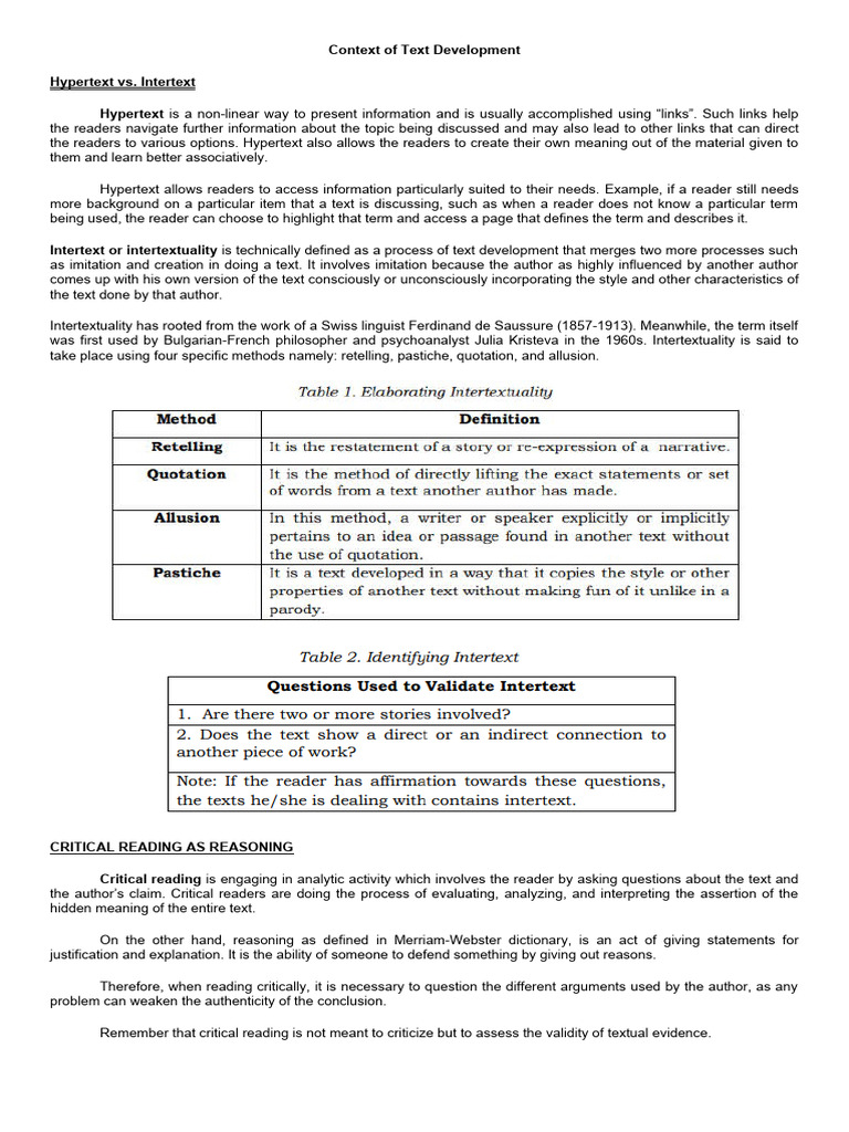 Context of Text Development HYPERTEXT INTERTEXT NOTES USE THIS | PDF ...