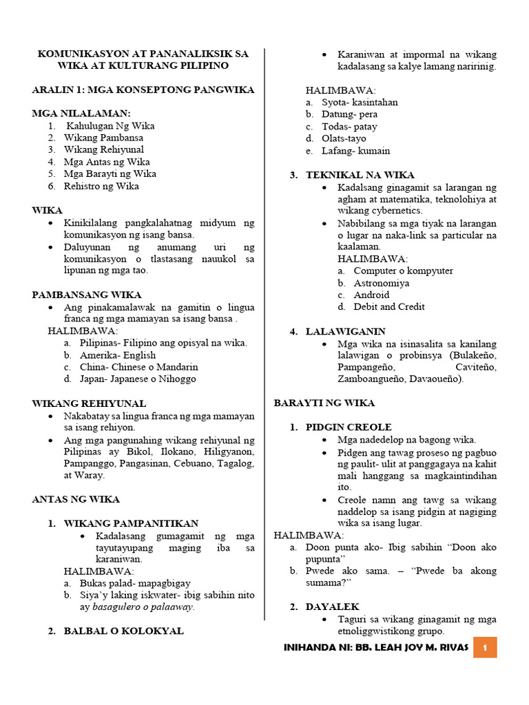 KOMUNIKASYON AT PANANALIKSIK SA WIKA AT KULTURANG PILIPINO | PDF