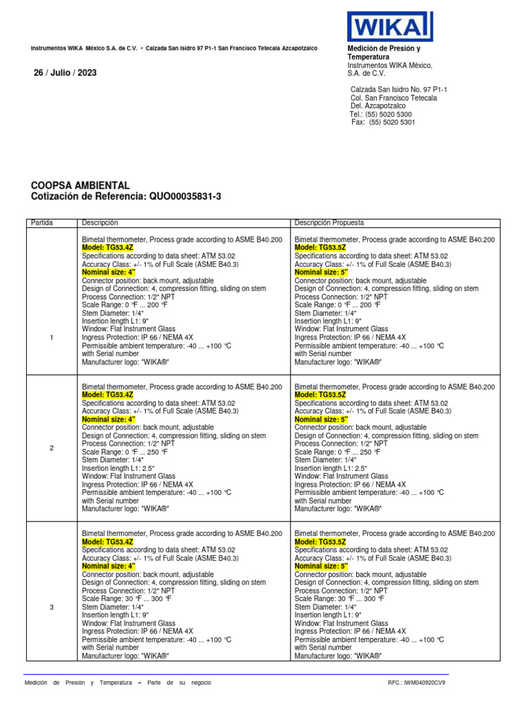 Wika Mexico Quo00035831-3 Coopsa Ambiental | PDF | Thermometer ...