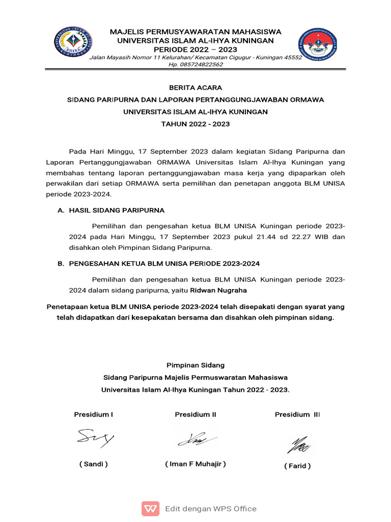 Berita Acara Sidang Paripurna | PDF