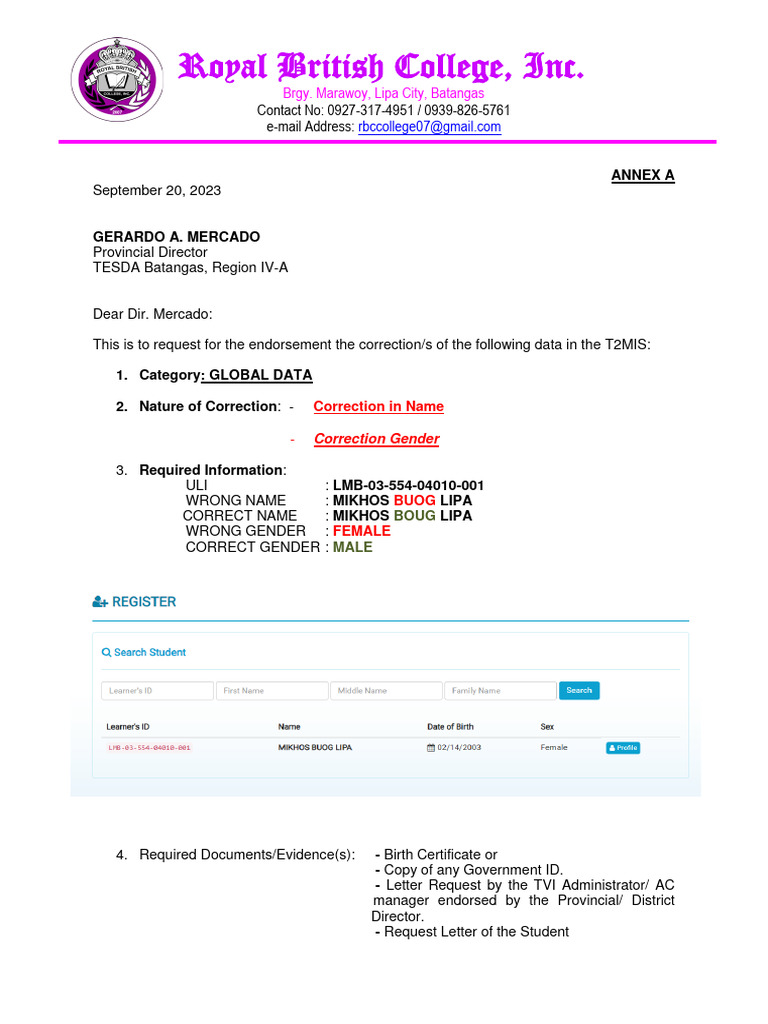 T2MIS-Form-for-Reasons-Mhikos Lipa (Gender Correction) | PDF | Business