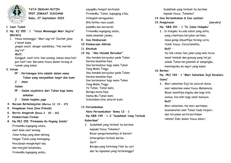 LITURGI IBADAH RUTIN PPGT JS( 27 & 30 September 2023) | PDF