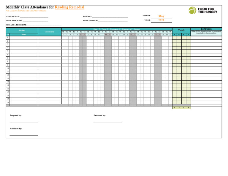 Monthly Attendance Log for LSAs | PDF