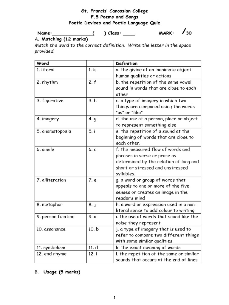 F.5 Poetic Devices Quiz - Exercise | PDF