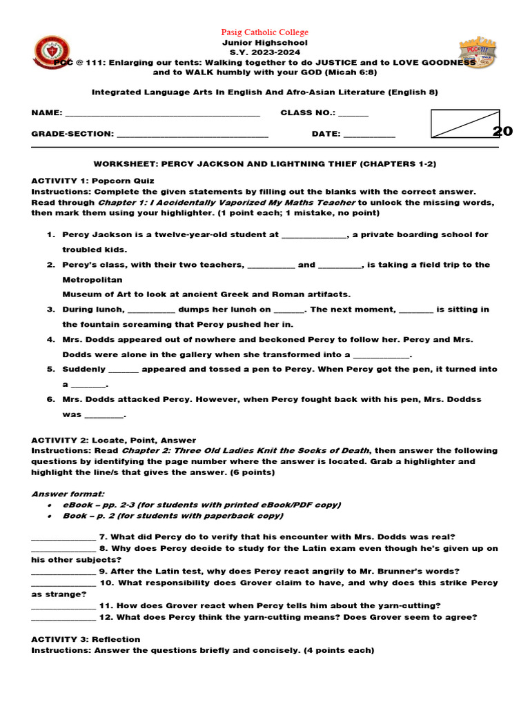 Percy Jackson Chapters 1-2 Worksheet | PDF