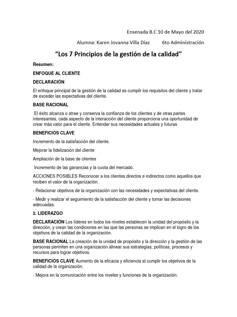 Resumen de Los 7 Principios de La Gestión de La Calidad | Descargar gratis PDF | Gestión de la ...