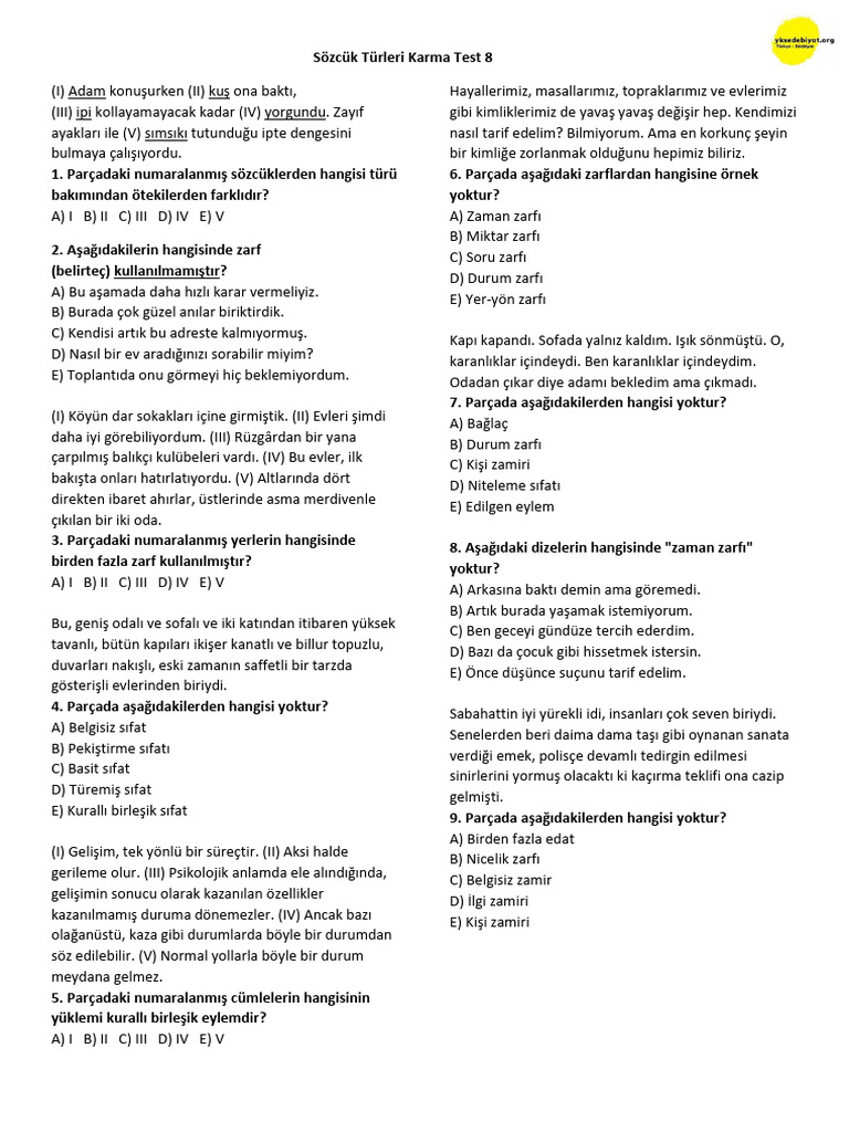 Sözcük Türleri Karma Test 8 | PDF