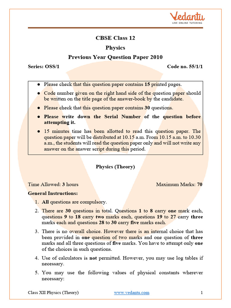 CBSE Class 12 Physics Question Paper 2010 With Solutions | PDF