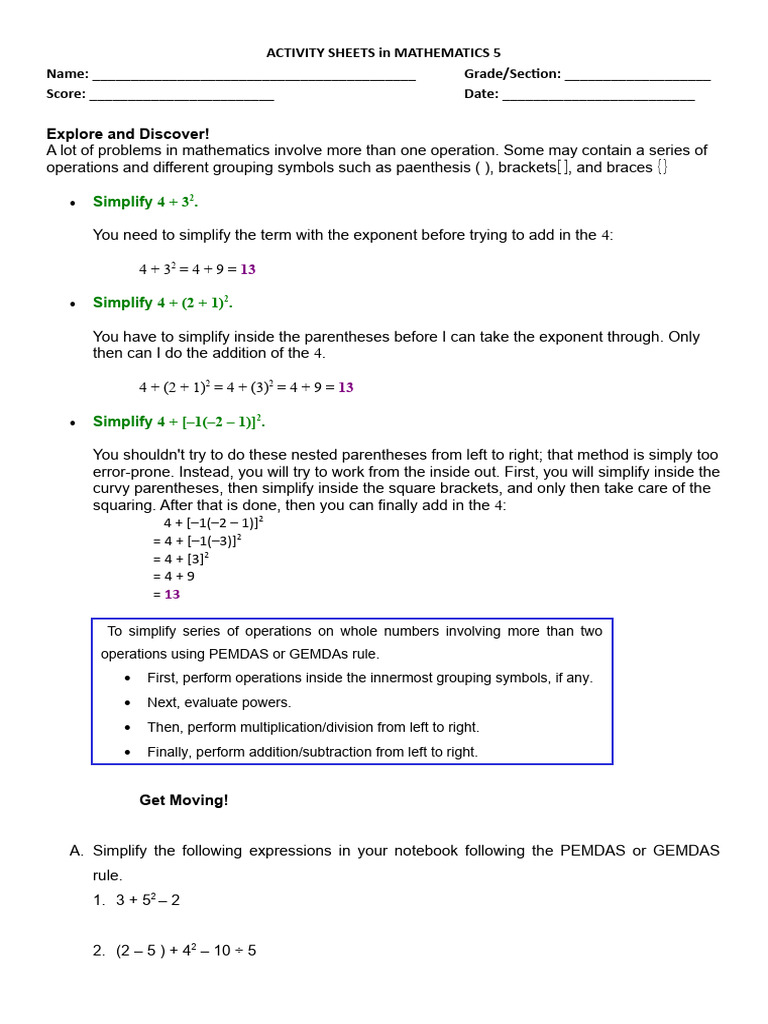 Activity Sheets NLC | PDF | Bracket | Arithmetic