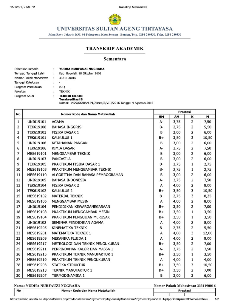 Transkrip Nilai Yudha Nurfauzi Nugraha | PDF