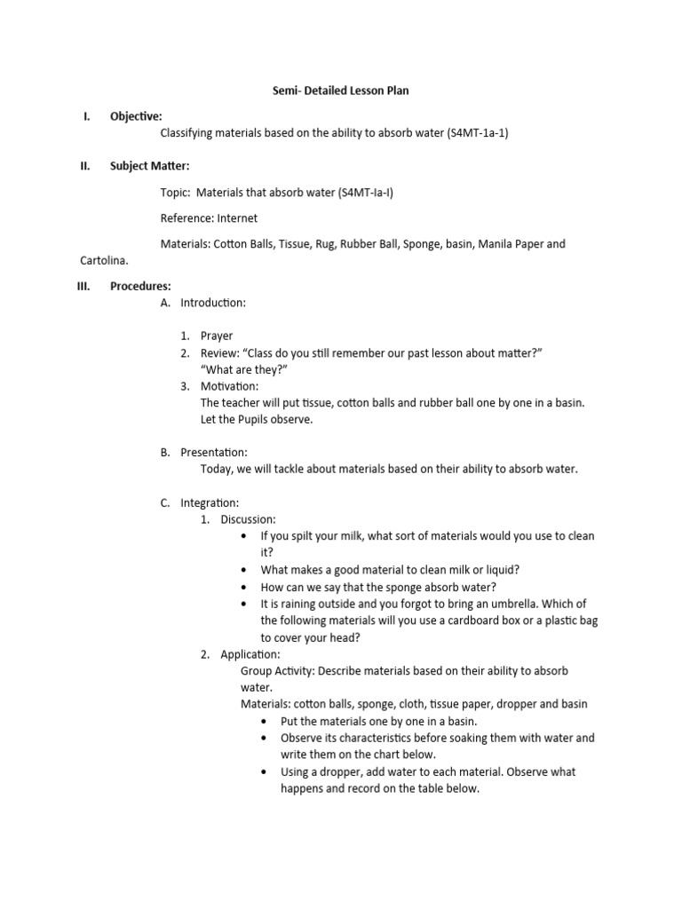 Semi Detailed Lesson Plan | PDF | Water | Lesson Plan