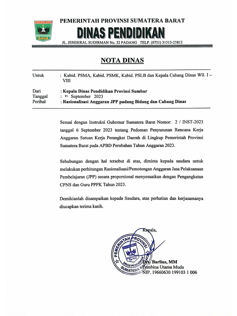 Surat Rasionalisasi Anggaran JPP Tahun 2023 | PDF