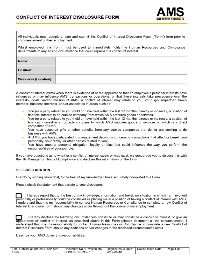 DHOHR-FR-093 11. Conflict of Interest Disclosure Form | Download Free ...