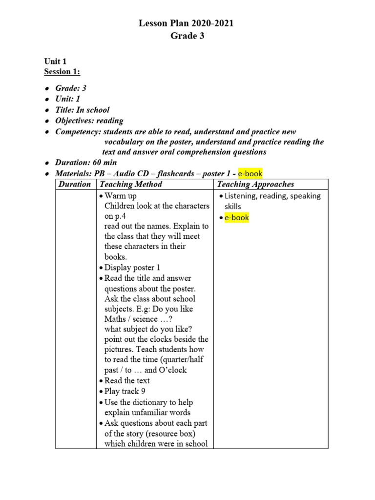 Lesson Plan Grade 3 Unit 1 | PDF