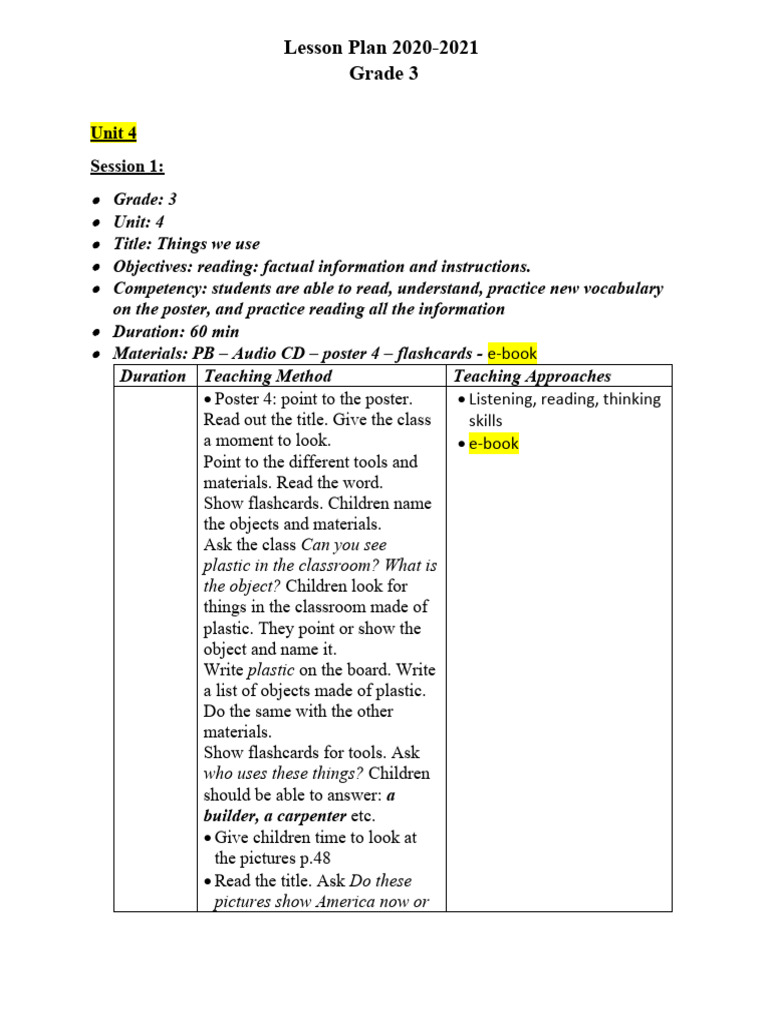 Lesson Plan Grade 3 Unit 4 | PDF
