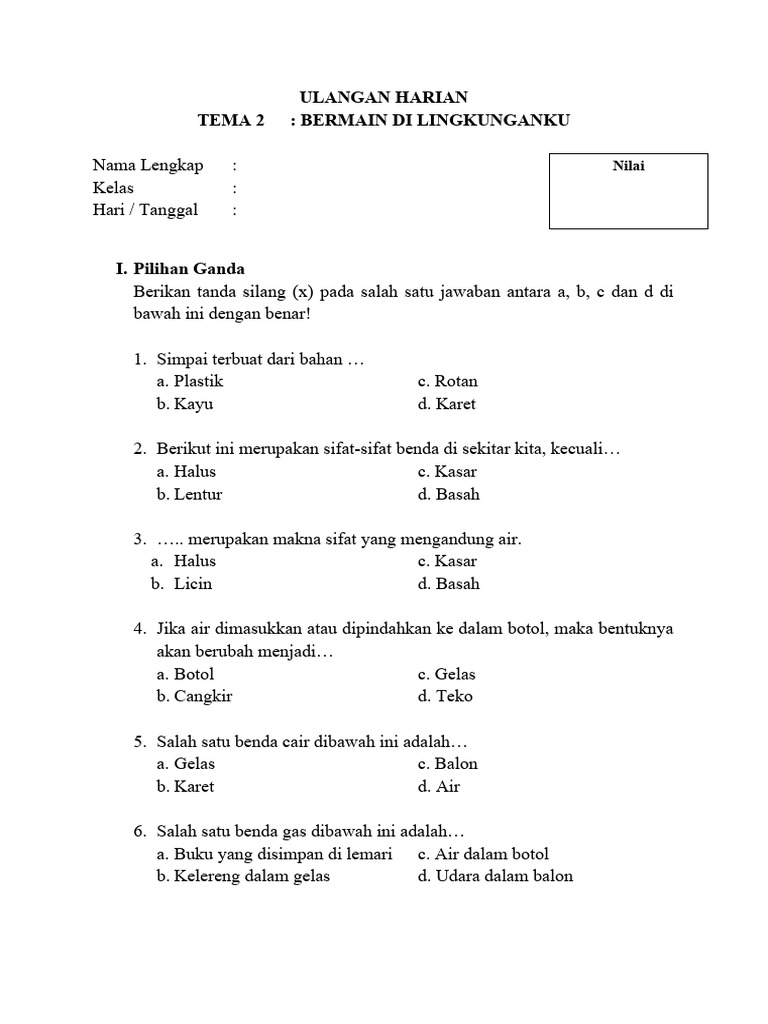 Ulangan Harian Tema 2 Kelas 2 Pdf