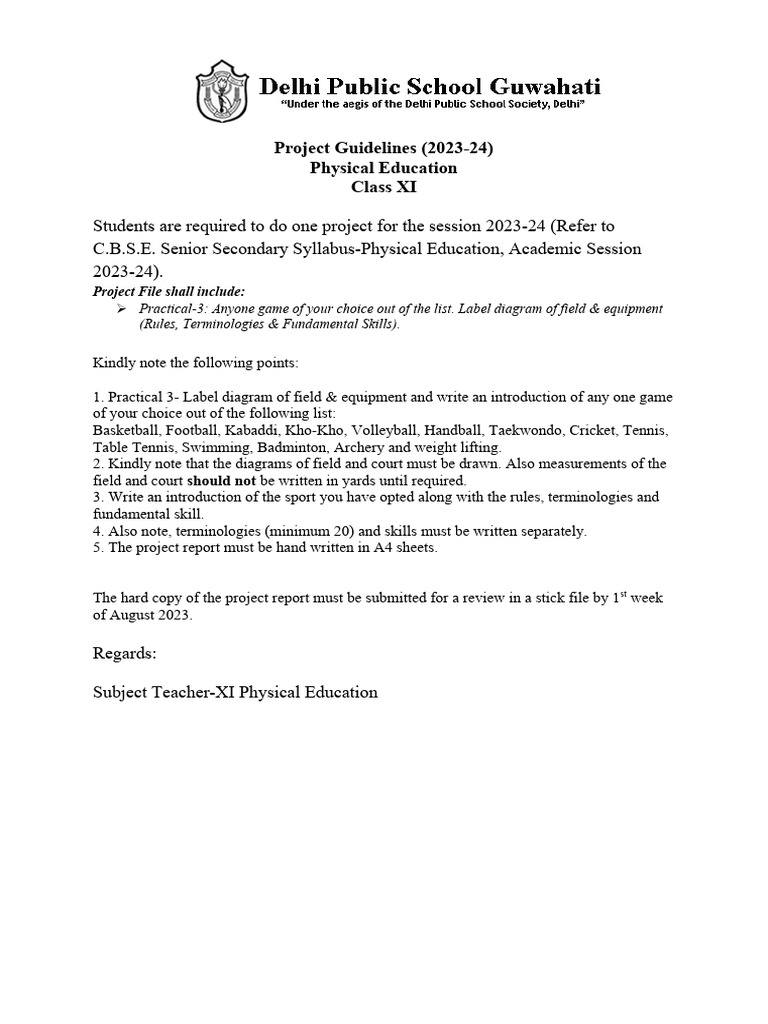 XI - Physical Education Project Guidelines 2023-24 | PDF