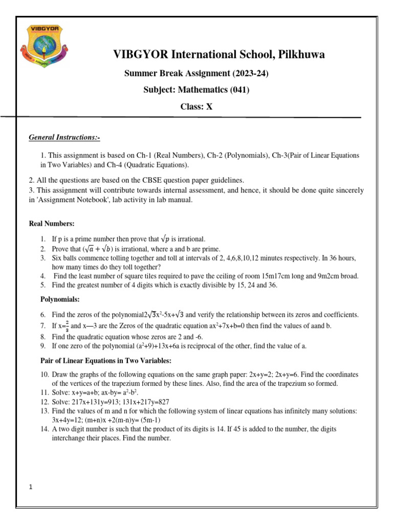 Mathematics Assignment Class 10 | PDF