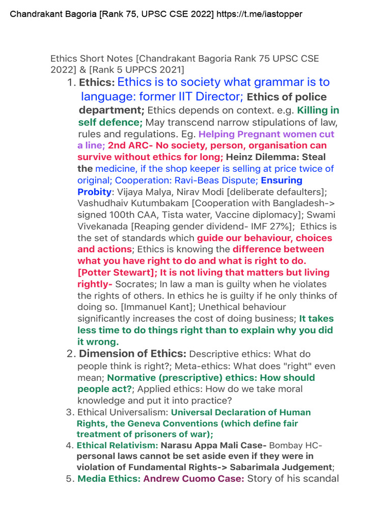 Ethics Notes - Chandrakant Bagoria - Rank 75 | PDF