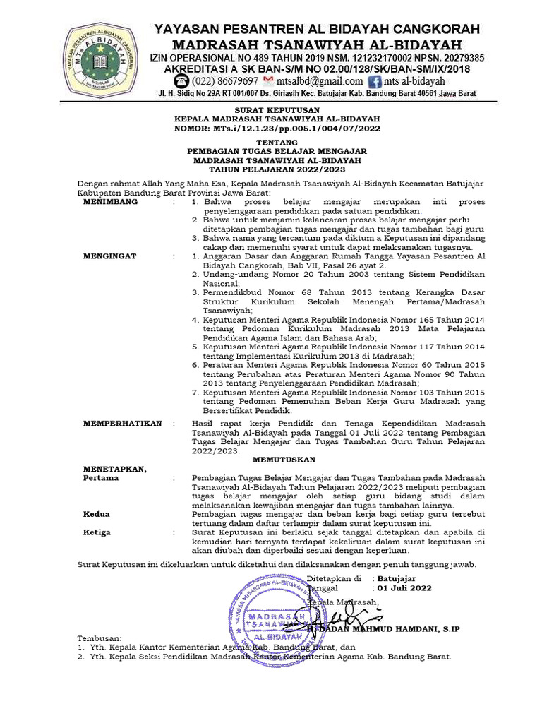 SK Pembagian Tugas Mengajar - Tapel - 2022 - 2023 | PDF