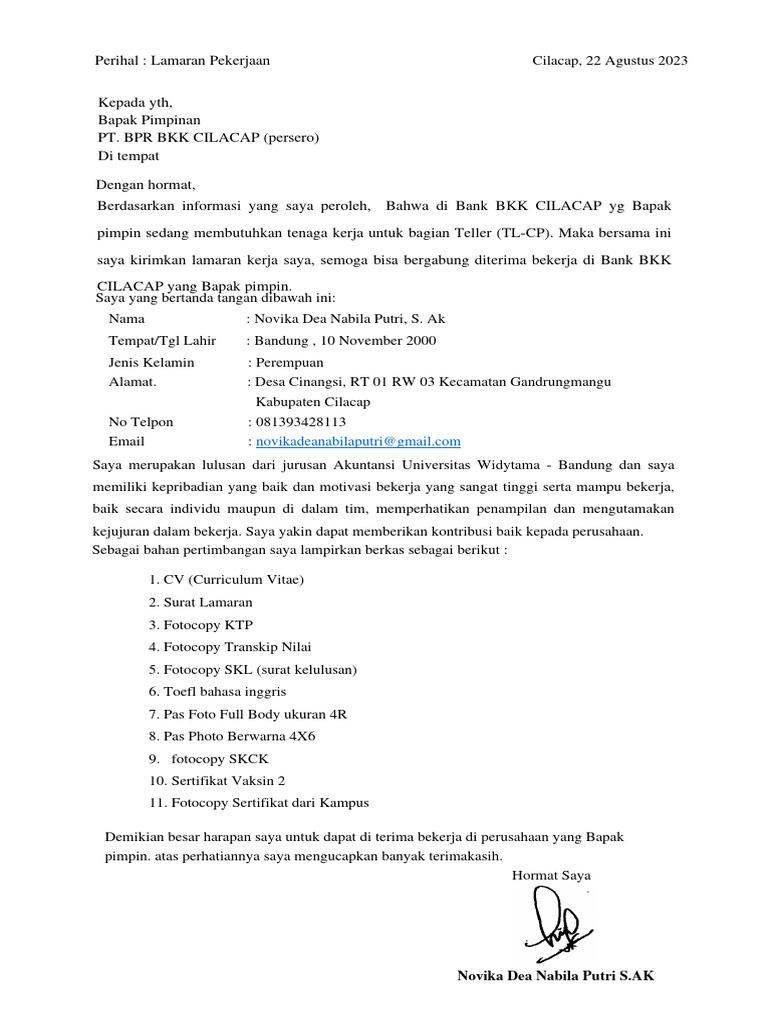 Lamaran PT - BPR Cilacap | PDF