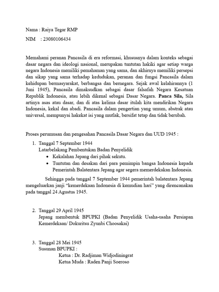 Resume Pendidikan Pancasila Raiya Tegar RMP 2308010643 | PDF