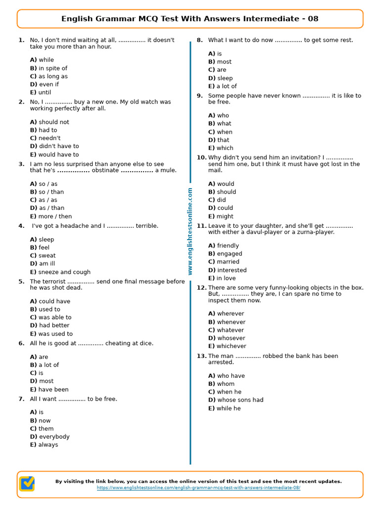 635 - English Grammar MCQ Test With Answers Intermediate 08 | PDF