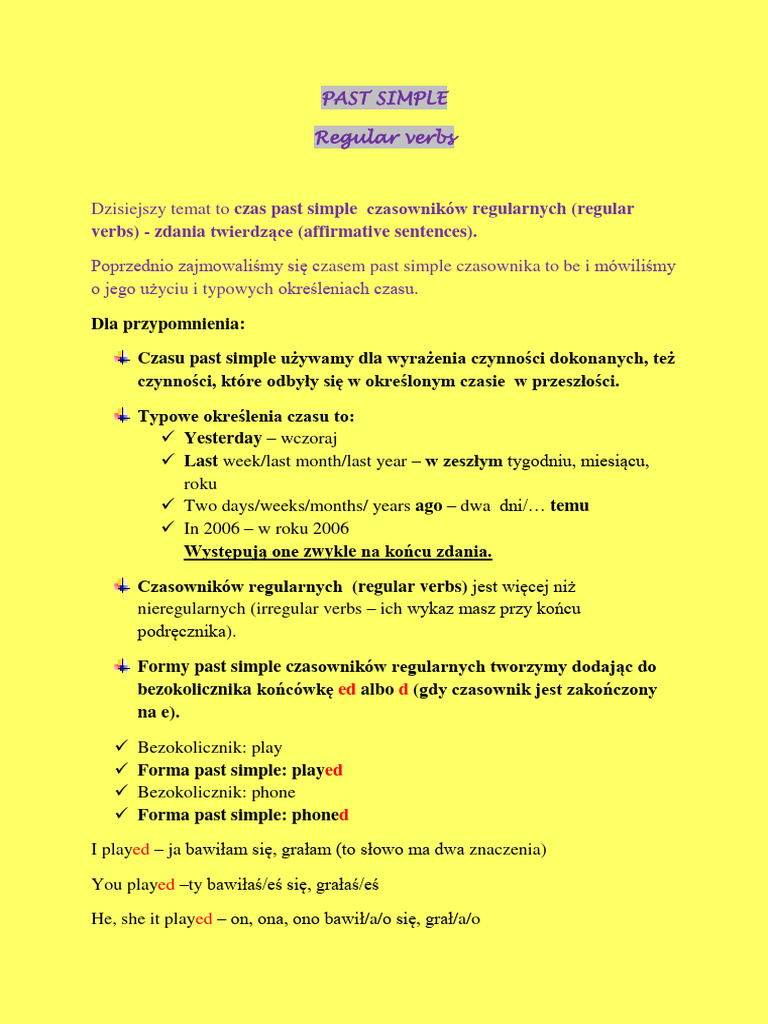 Czas Past Simple Czasowników Regularnych - Zdania Twierdzące. | PDF