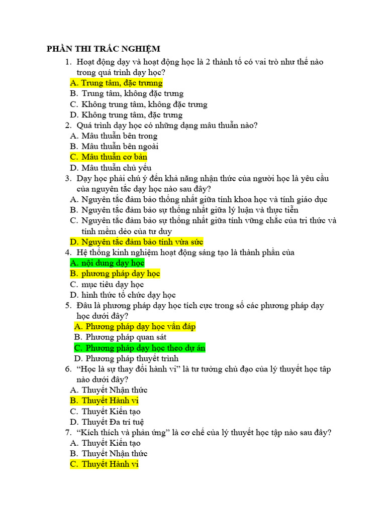 Cau hoi on tap trac nghiem va tu luan LLDH | PDF