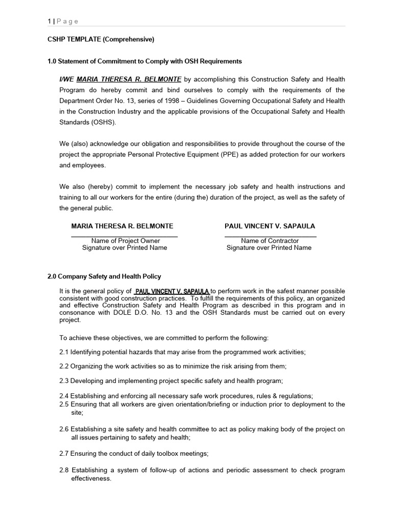 CSHP Comp Temp | PDF | Occupational Safety And Health | Personal ...