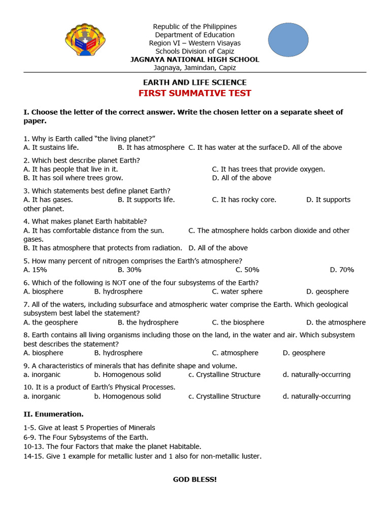 First Summative Test | PDF | Earth Sciences | Atmosphere