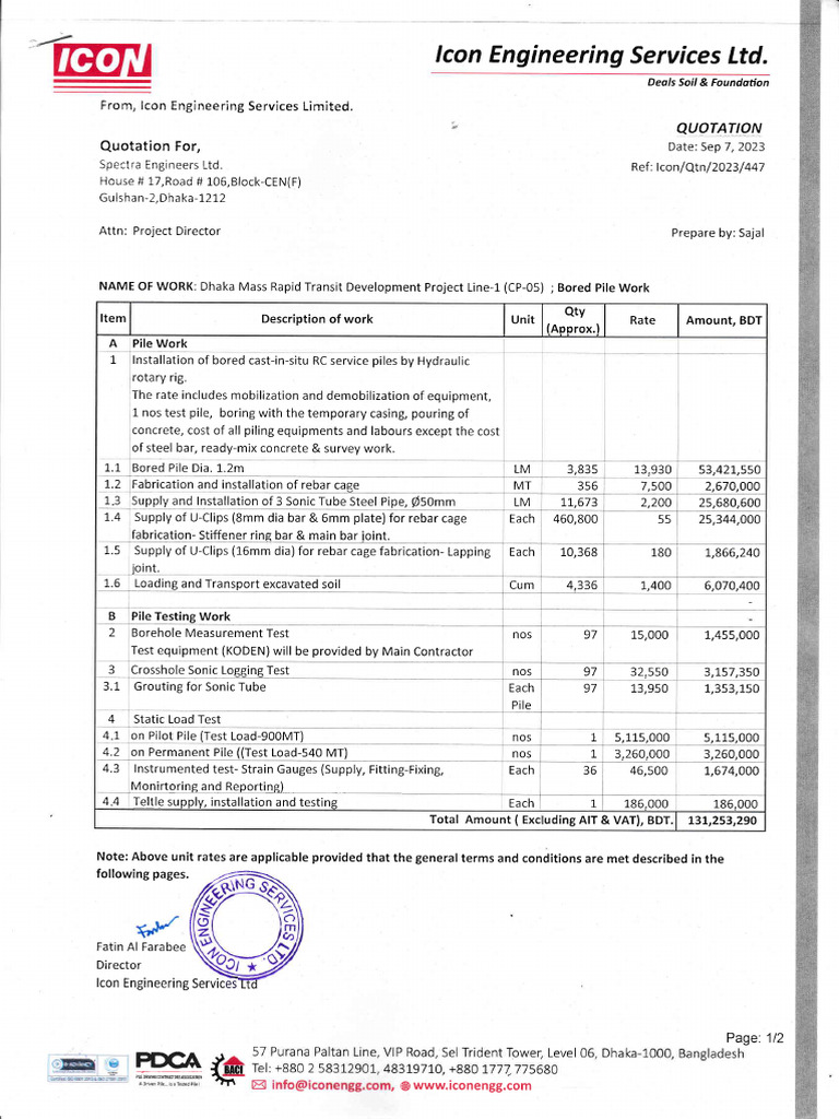 Quotation - Bored Pile-MRT | PDF