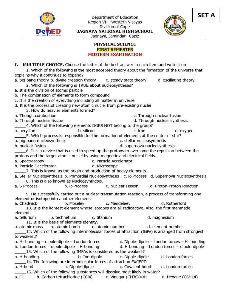 MIDTERM - PHY SCI Set A | PDF | Chemical Elements | Nuclear Physics
