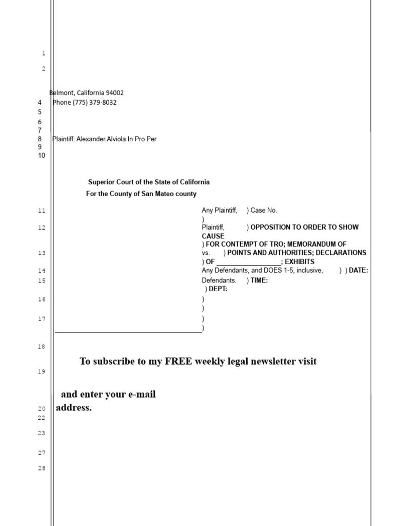 Opposition to Order for Contempt in CA | PDF
