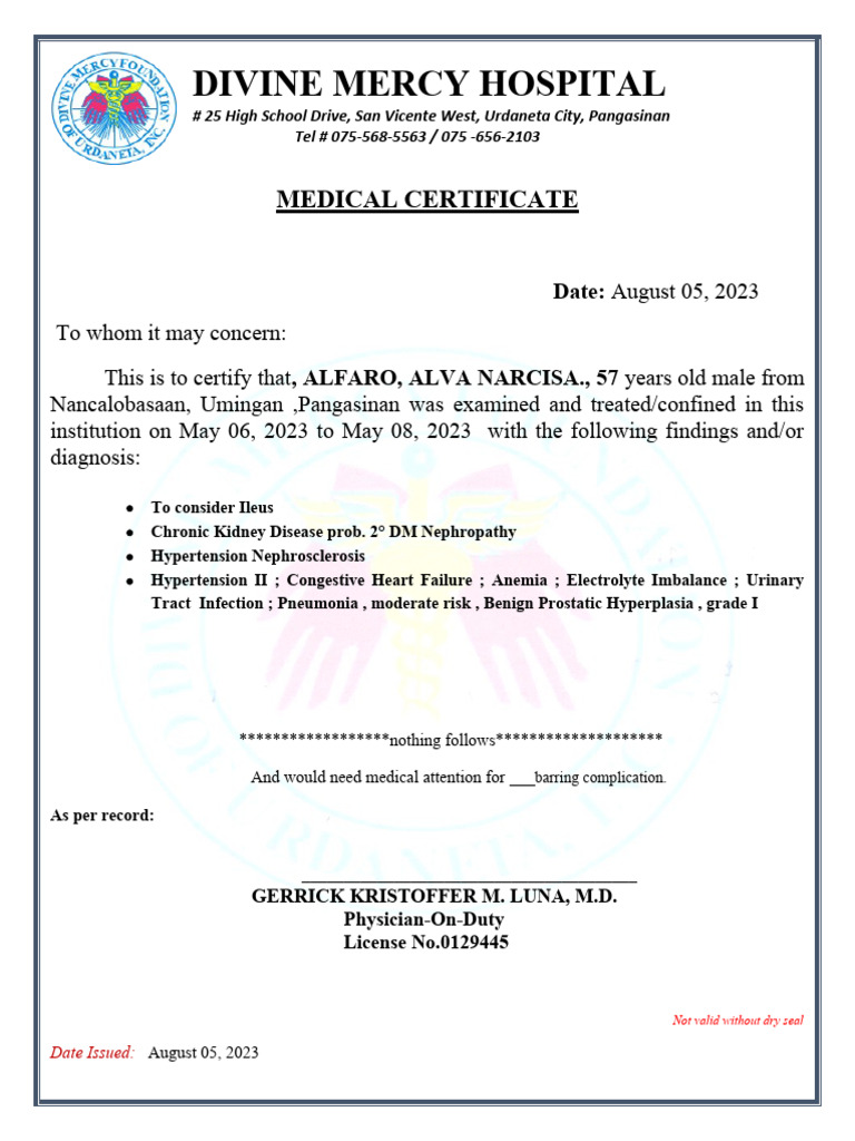 MED CERT DR LUNA (Alva) | PDF | Hypertension | Chronic Kidney Disease