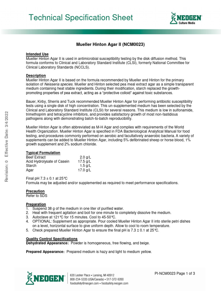 Official - ncm0023 - Mueller Hinton Agar II - Technical Specifications ...