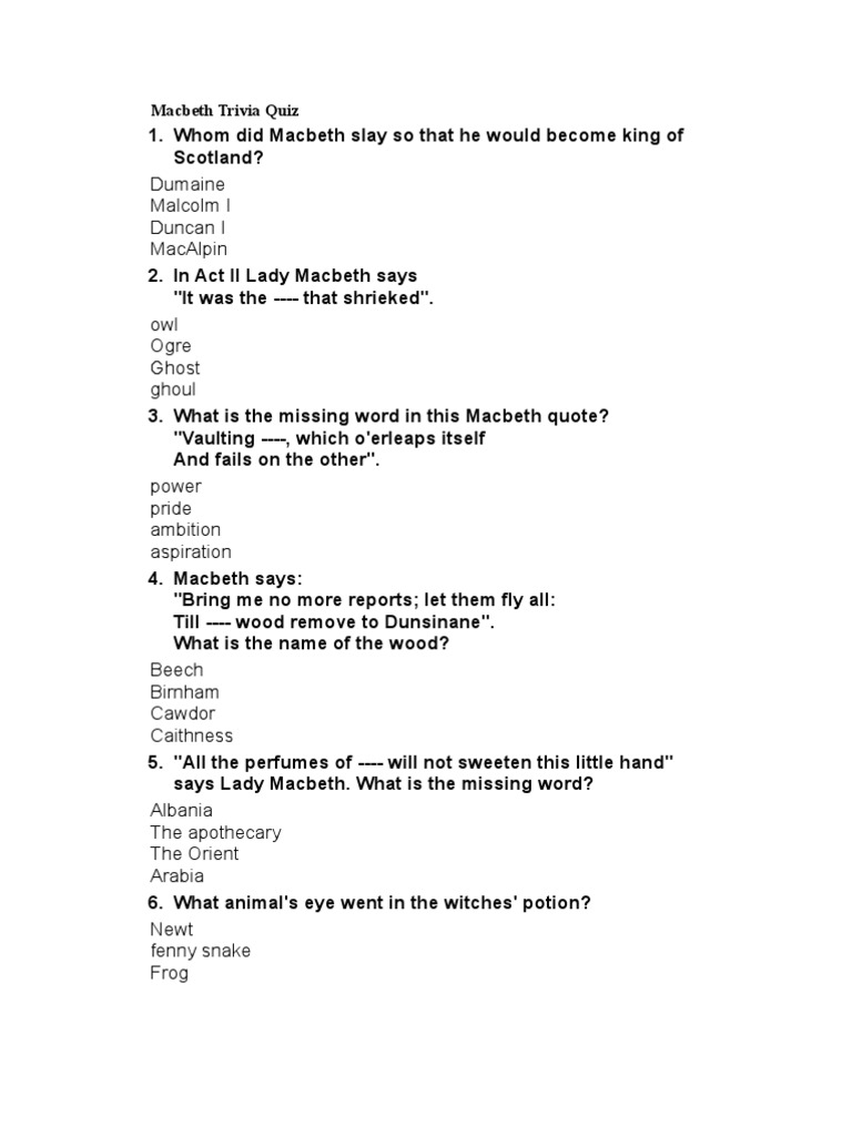 Macbeth Trivia Quiz Questions | PDF