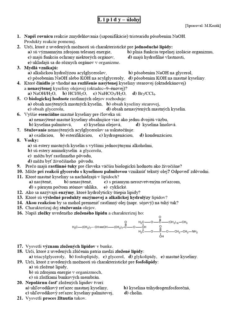 Lipidy - Úlohy | PDF