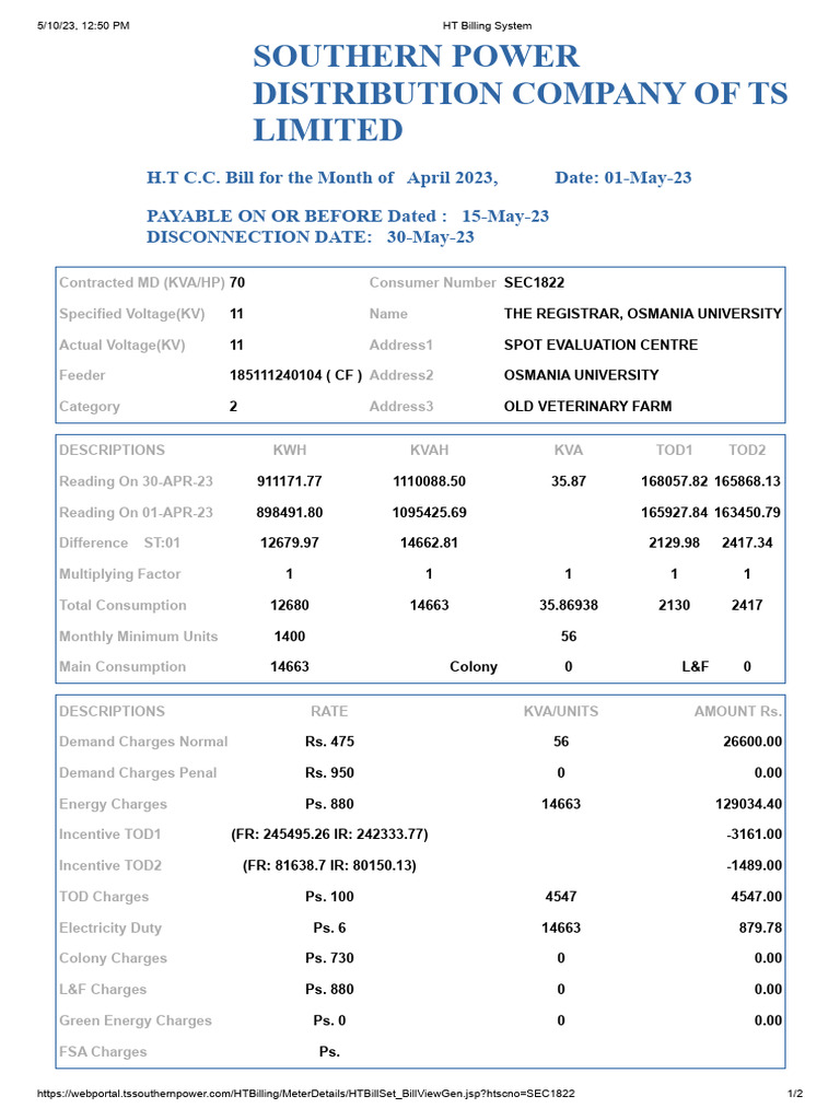 TSSPDCL HT Bill for April 2023 | PDF