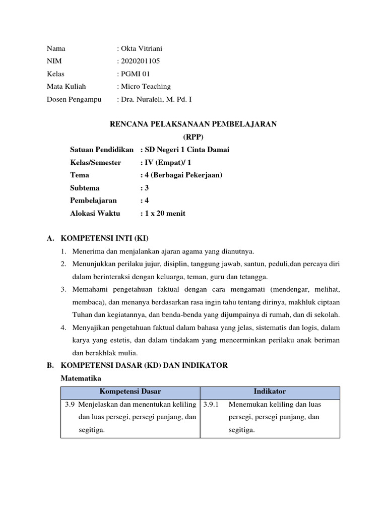 RPP Kelas 4 Micro Teaching | PDF