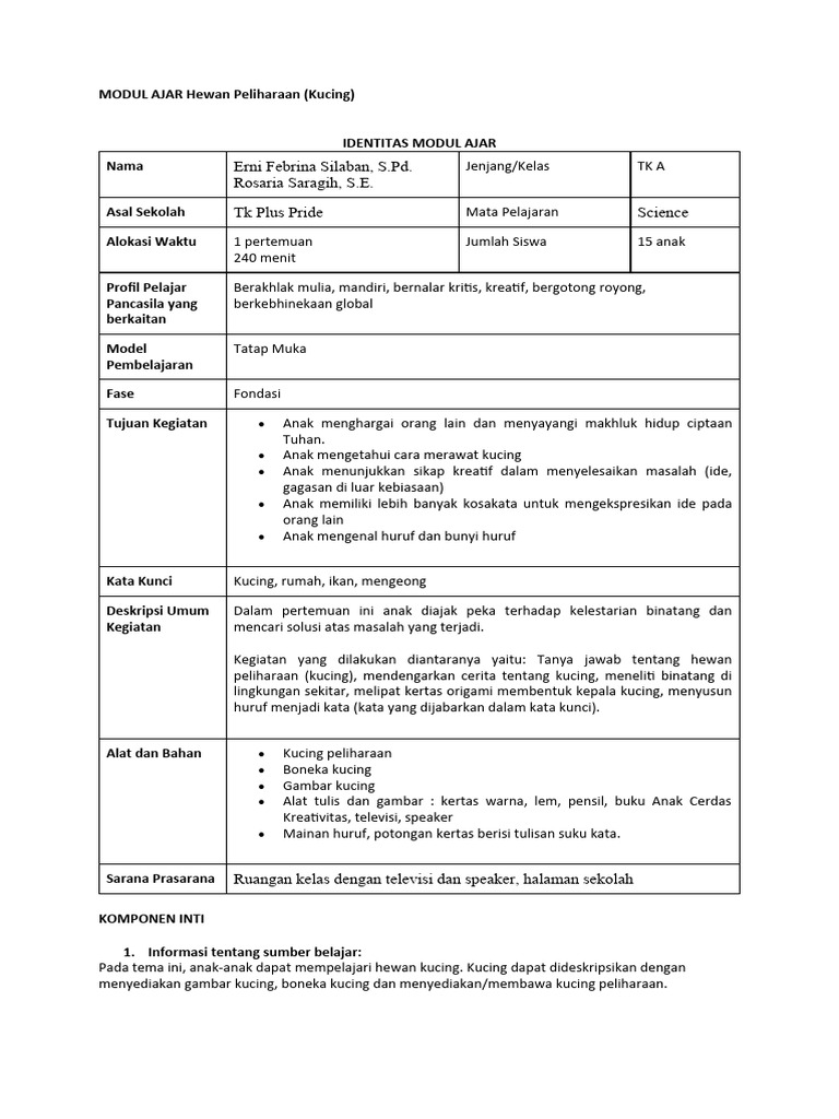 MODUL AJAR (Hewan Peliharaan Kucing) | PDF