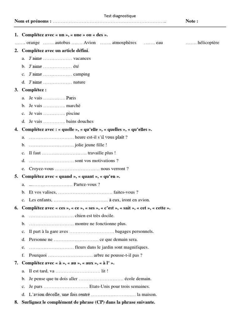 Test Diagnostique de Français | PDF | Méthodes et références pédagogiques