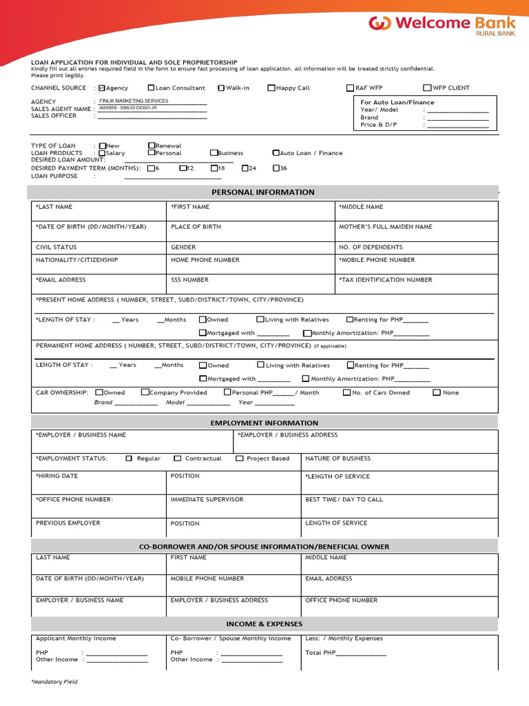 Personal Information: Loan Application For Individual and Sole ...