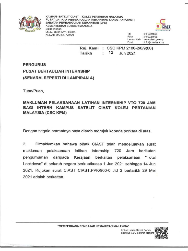 SURAT - MAKLUMAN PELAKSANAAN LATIHAN INTERNSHIP VTO 720 JAM BAGI INTERN ...
