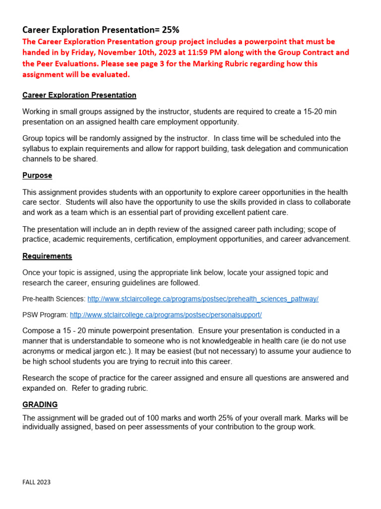 FALL 2023 Career Exploration Presentation 25% Chatham Final Rubric ...