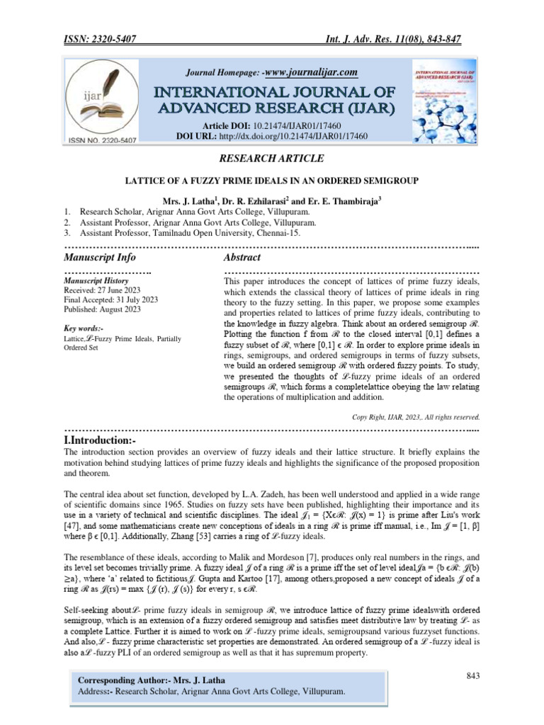 Lattice of A Fuzzy Prime Ideals in An Ordered Semigroup | PDF | Function (Mathematics) | Laplace ...